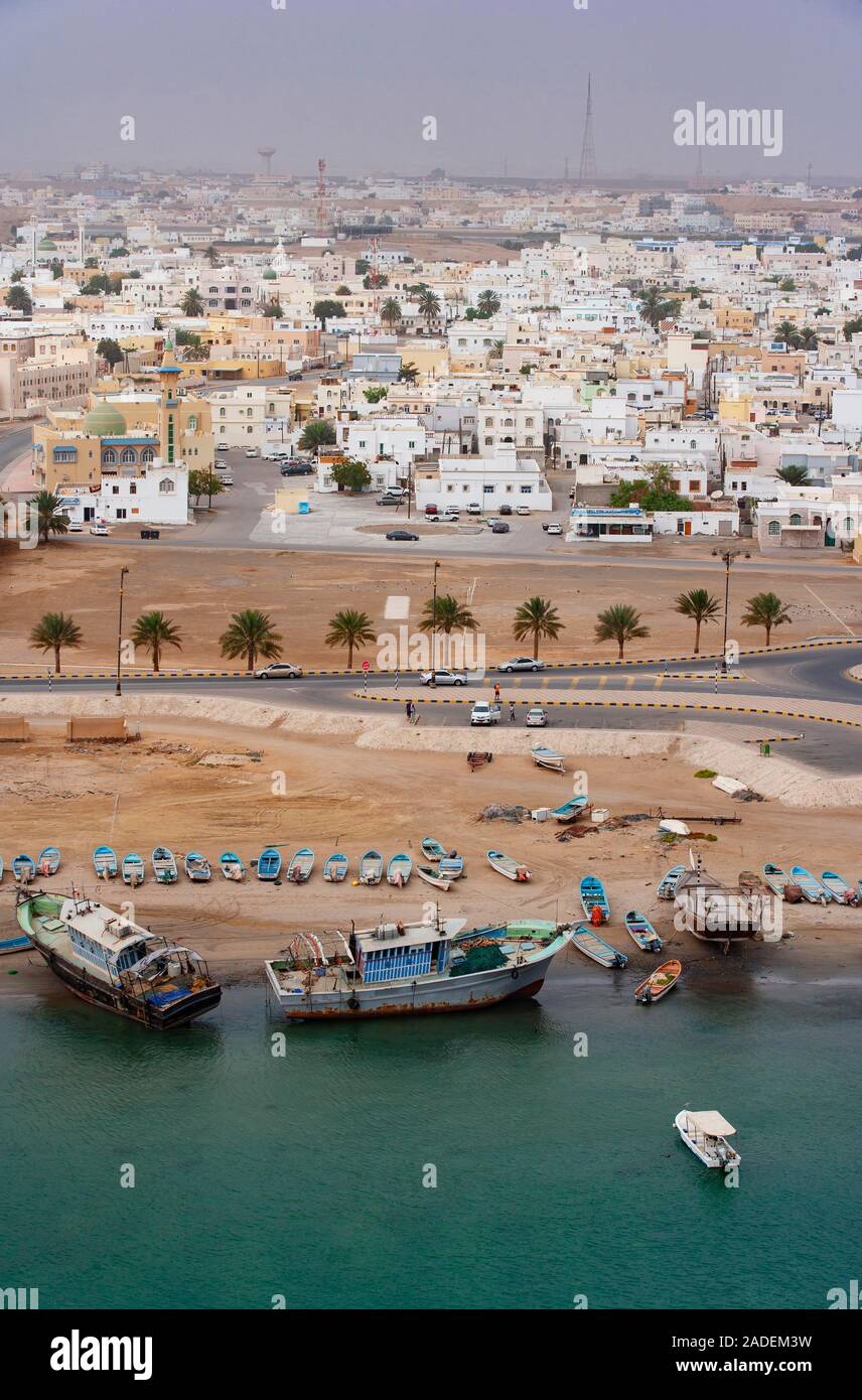 City view, dhow boats, dhow shipyard, Sur, Ash Sharqiyah province, Oman ...