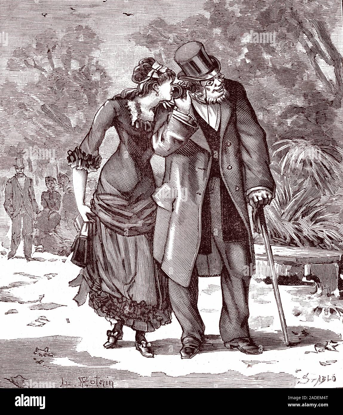 Ear trumpet use, 19th-century illustration. Woman speaking into a man's ...