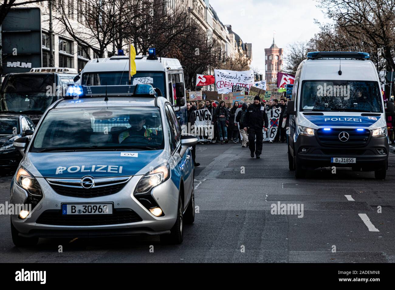 Police cars at the edge of the demonstration, climate strike, Fridays ...