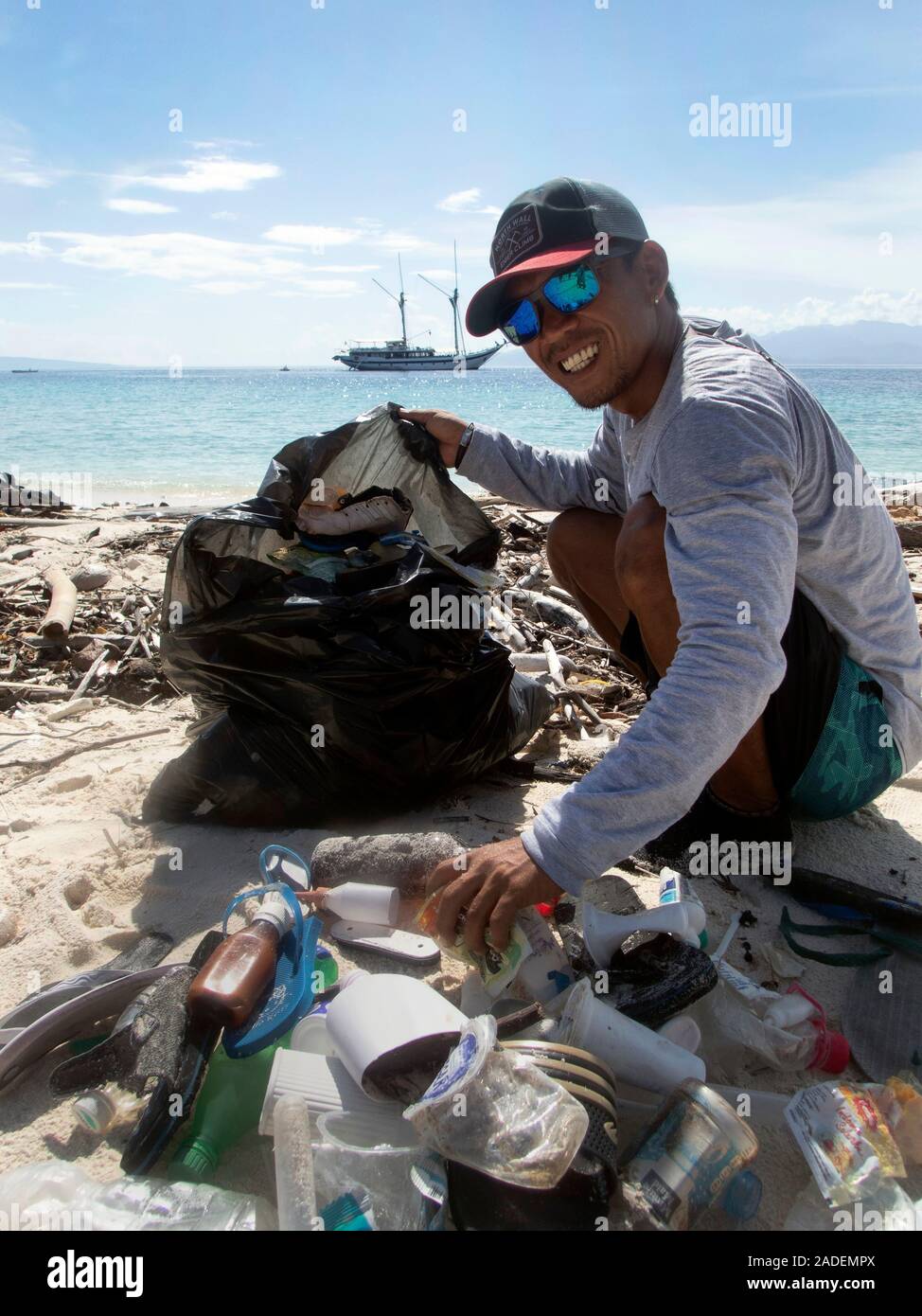Collecting plastic waste. The crew of an eco-friendly cruise ship ...