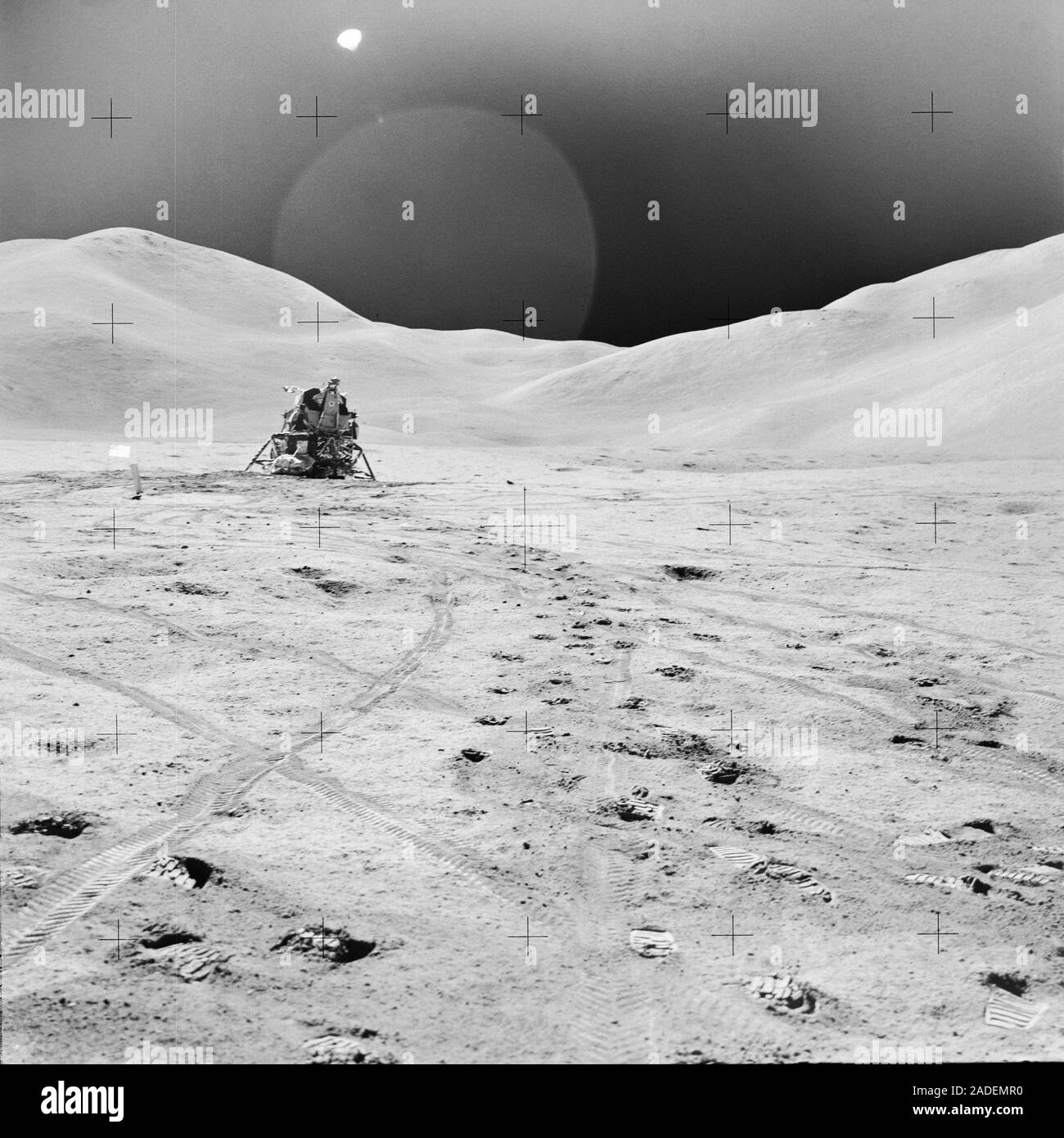 Apollo 15 lunar lander 'Falcon' on the Moon, August 1971. Boot tracks ...