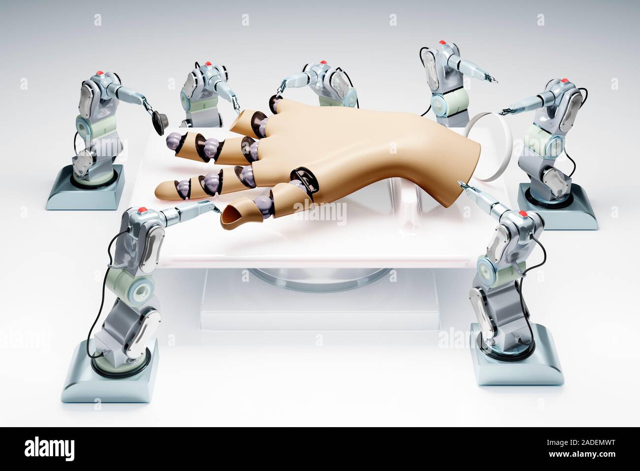 Robots making an android hand. Conceptual artwork illustrating the idea ...