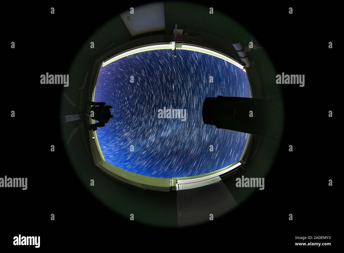 Observatory telescopes with star trails. Time-exposure image with a ...