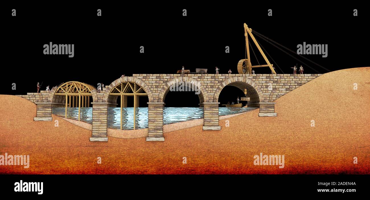 Roman bridge building, illustration. The Romans developed bridge ...