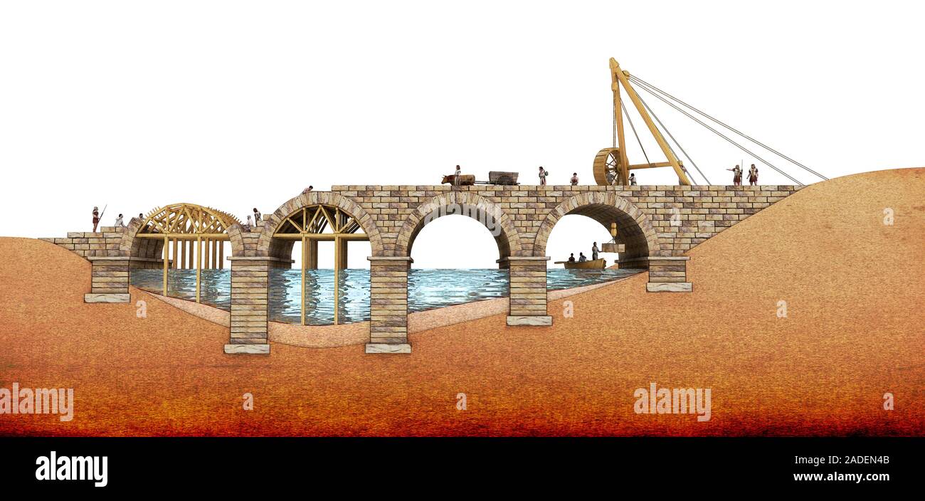 Roman bridge building, illustration. The Romans developed bridge ...