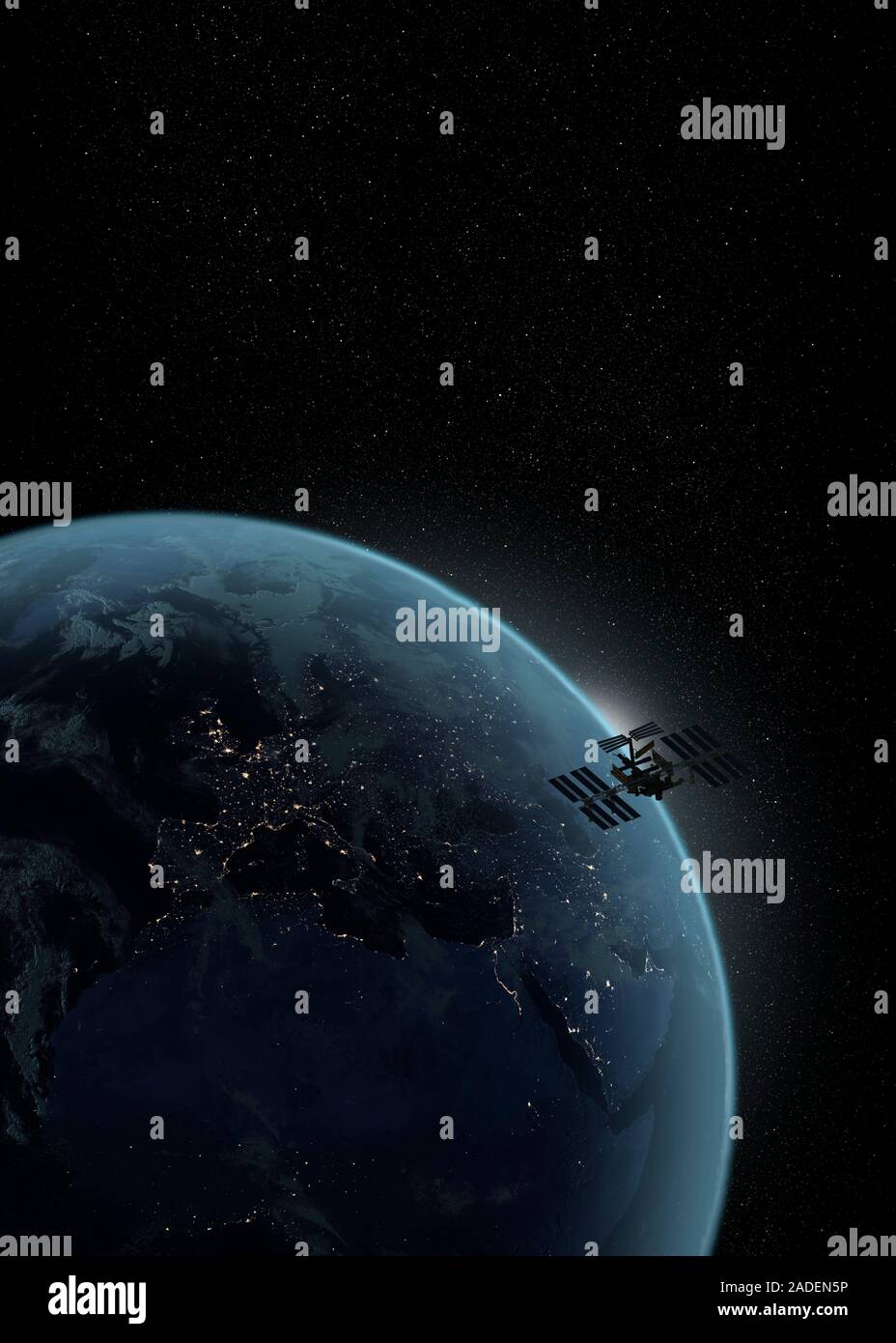 ISS over the Earth at night before dawn. Illustration of the ...