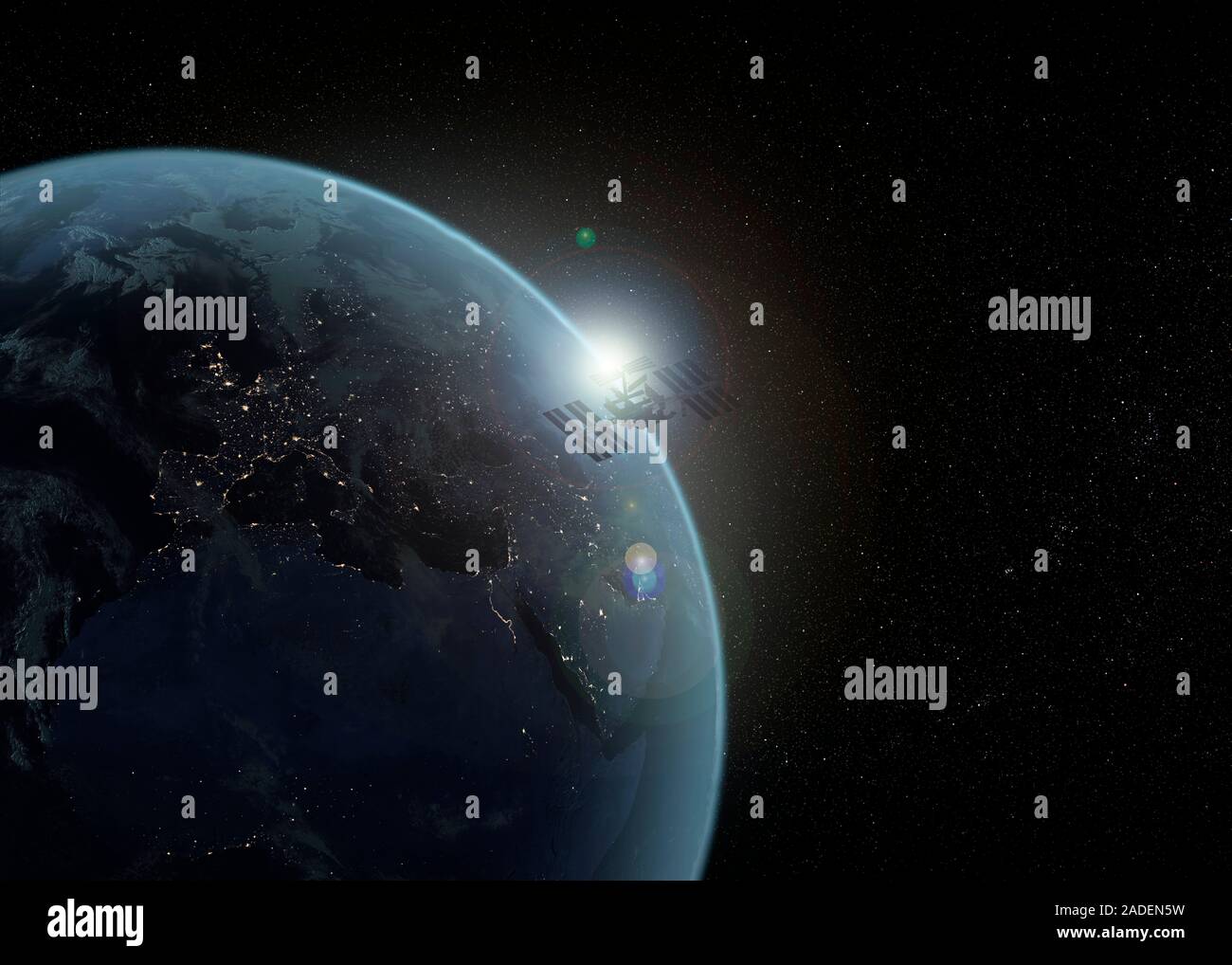 ISS over the Earth at night before dawn. Illustration of the ...