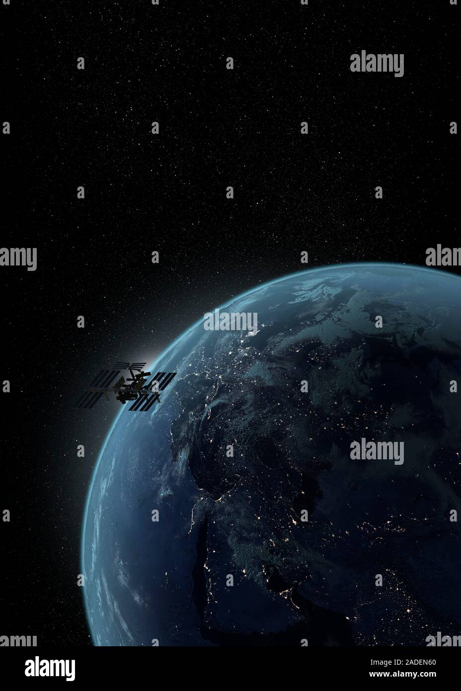 ISS over the Earth at night after sunset. Illustration of the ...