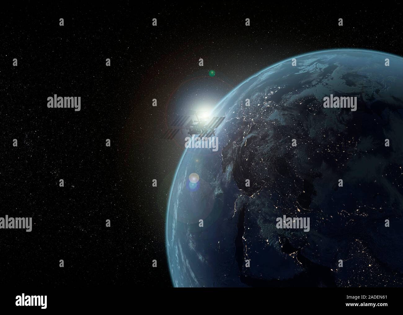 ISS over the Earth at night after sunset. Illustration of the ...