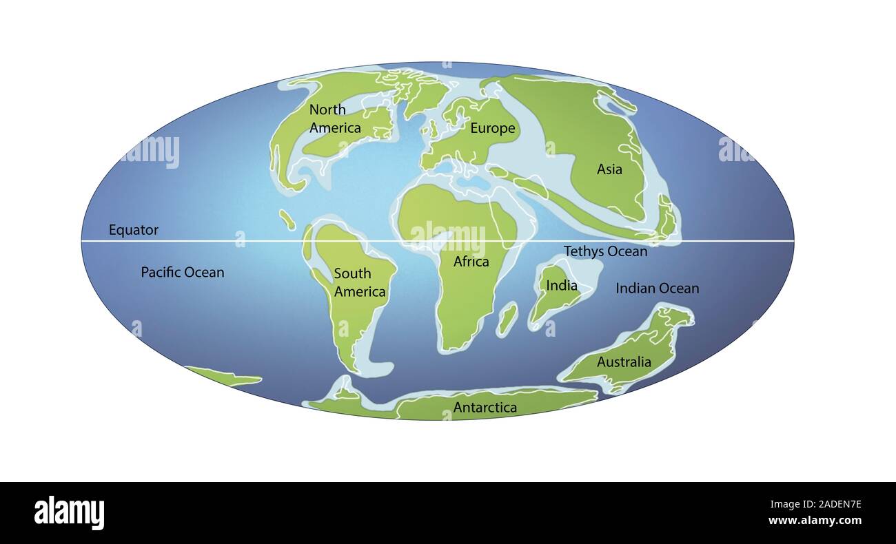 Continents 65 million years ago, illustration. Elliptical projection of ...