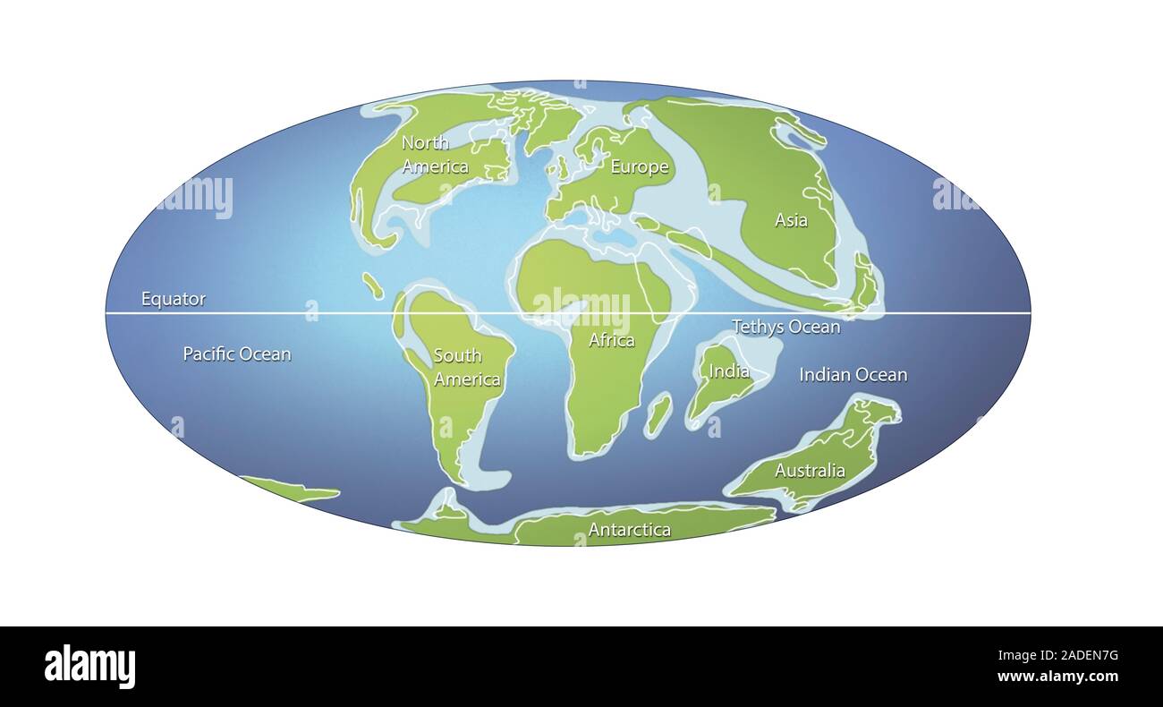 Continents 65 million years ago, illustration. Elliptical projection of ...