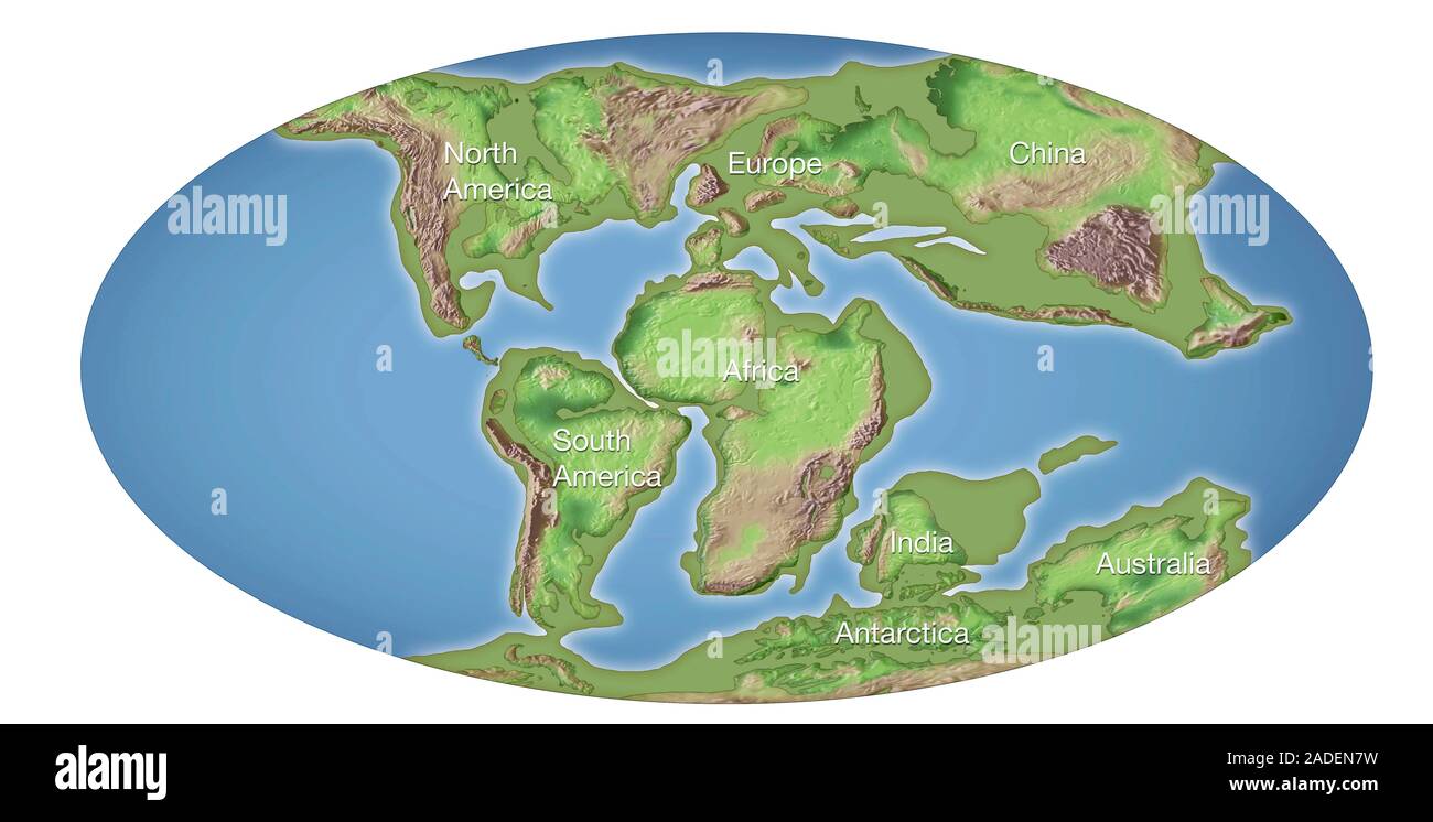 Continental drift, 100 million years ago. Map of the Earth showing the ...