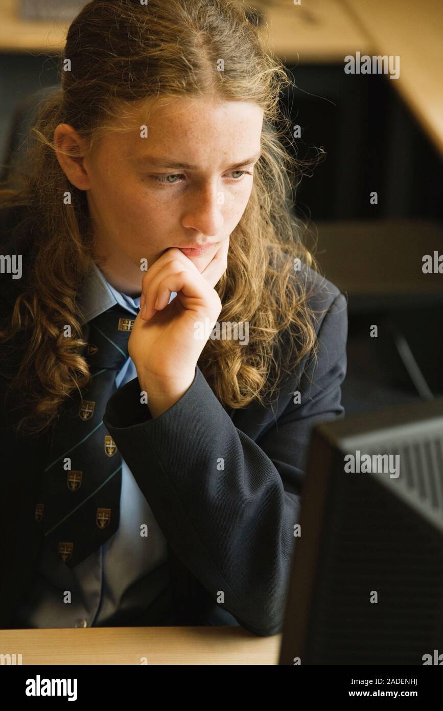 Secondary school student concentrating on a computer in an ICT lesson ...