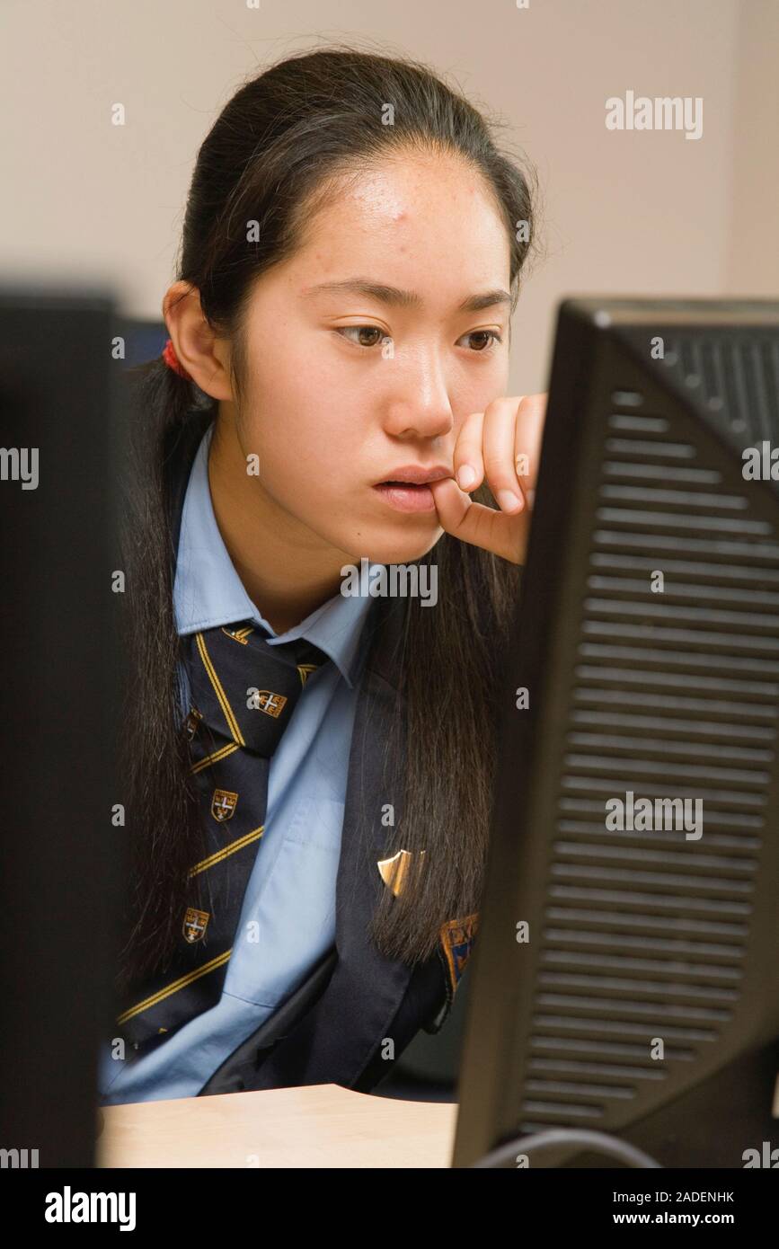 Secondary school student concentrating on a computer in an ICT lesson ...
