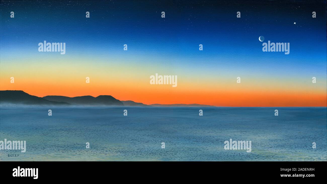 The Moon and Venus in the early morning sky, illustration. Earthshine ...