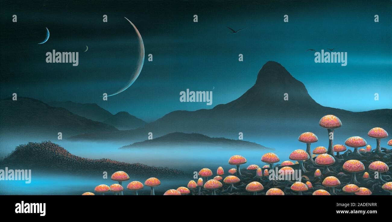 Alien world, illustration. Hypothetical mushroom-shaped life forms ...