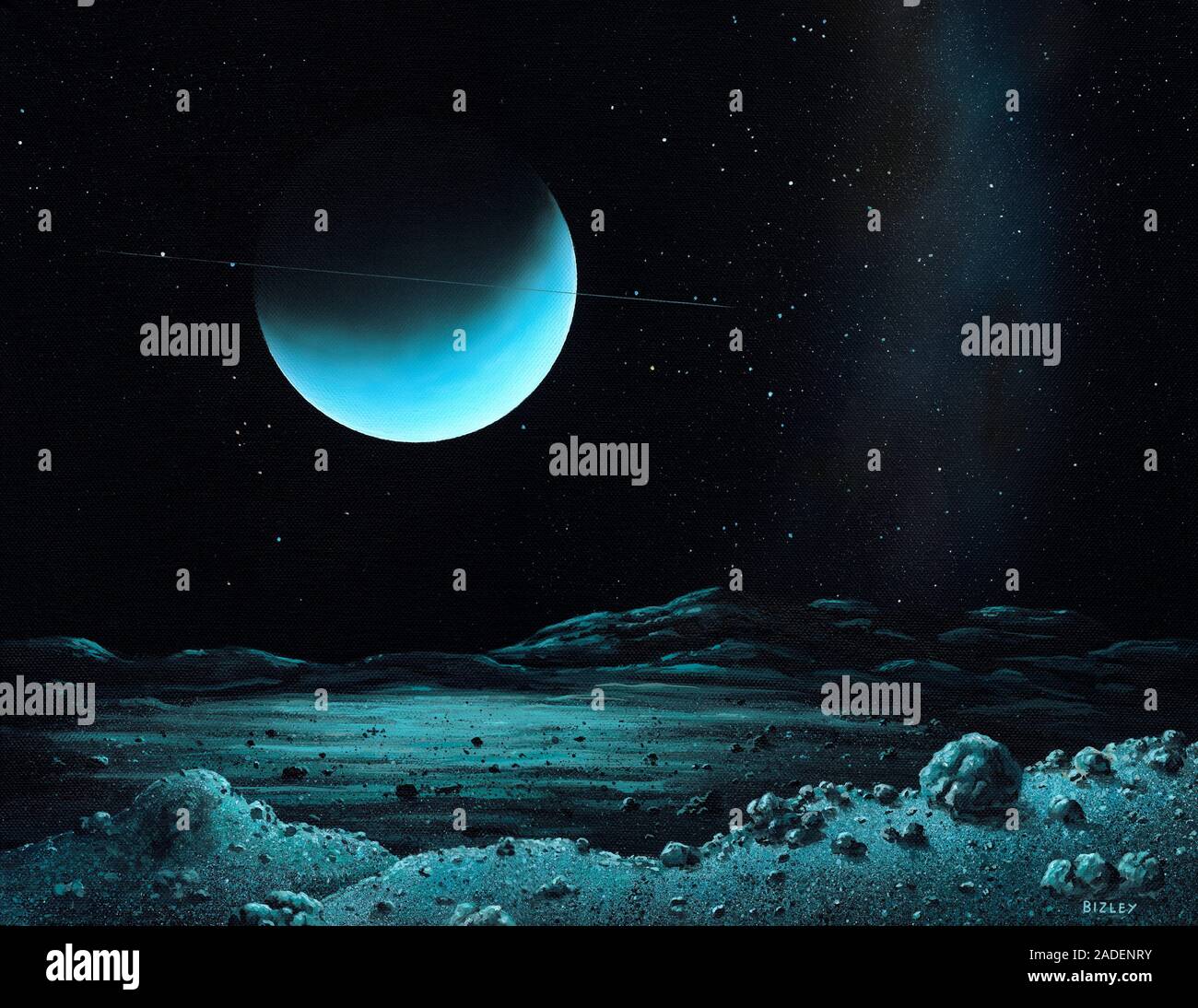 Uranus seen from the surface of Miranda, illustration. Miranda is the ...