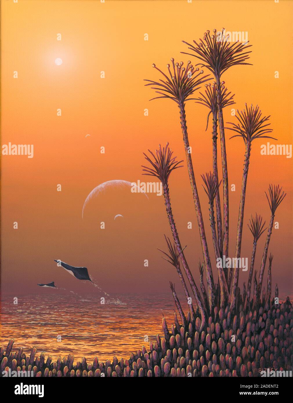 Illustration of alien life forms on an Earth-like world. This is a ...