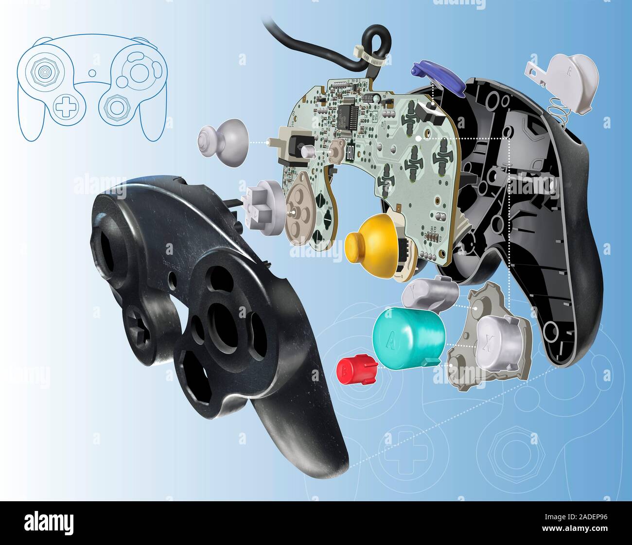 Illustration of a video game controller's interior. Buttons rest on ...