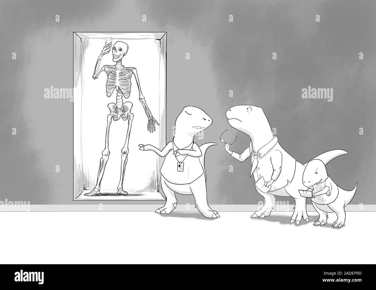 Illustration of a human skeleton taking a selfie in a museum of a ...