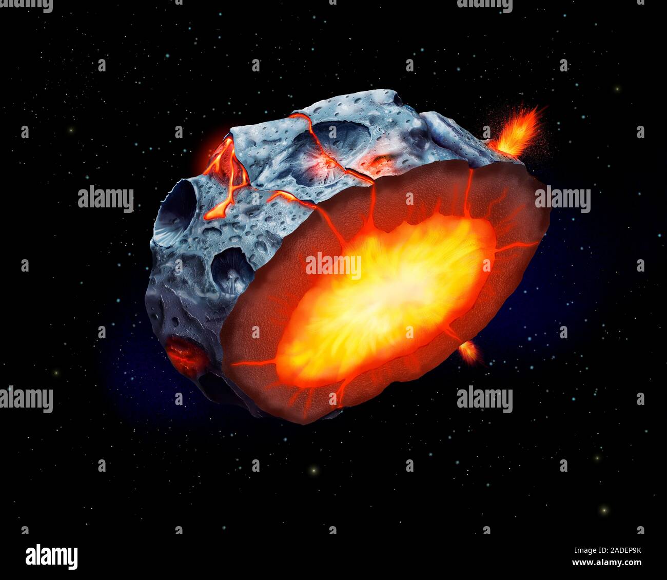 Illustration of a cross-section of a metal asteroid showcasing iron ...