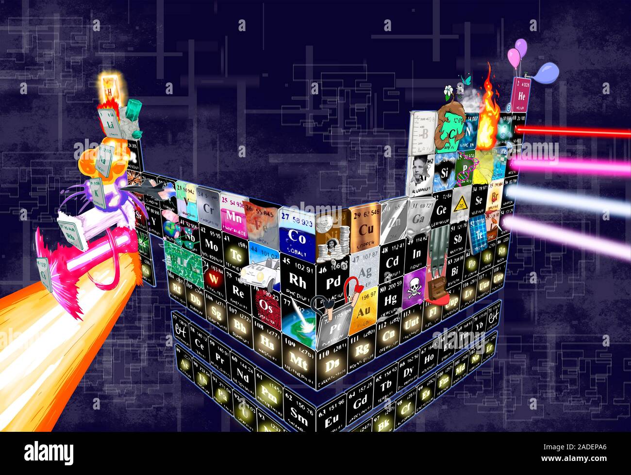 Conceptual illustration of the periodic table. Most element slots have ...