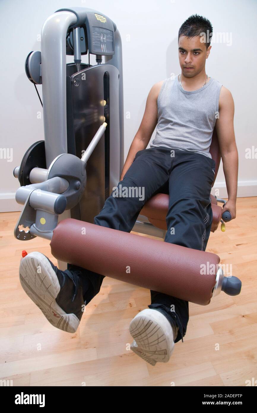 Young man using the leg extension equipment at gym Stock Photo - Alamy