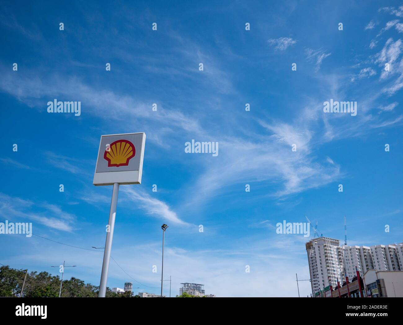 Penang Malaysia - November 2019: Shell brand sign in blue sky of penang ...