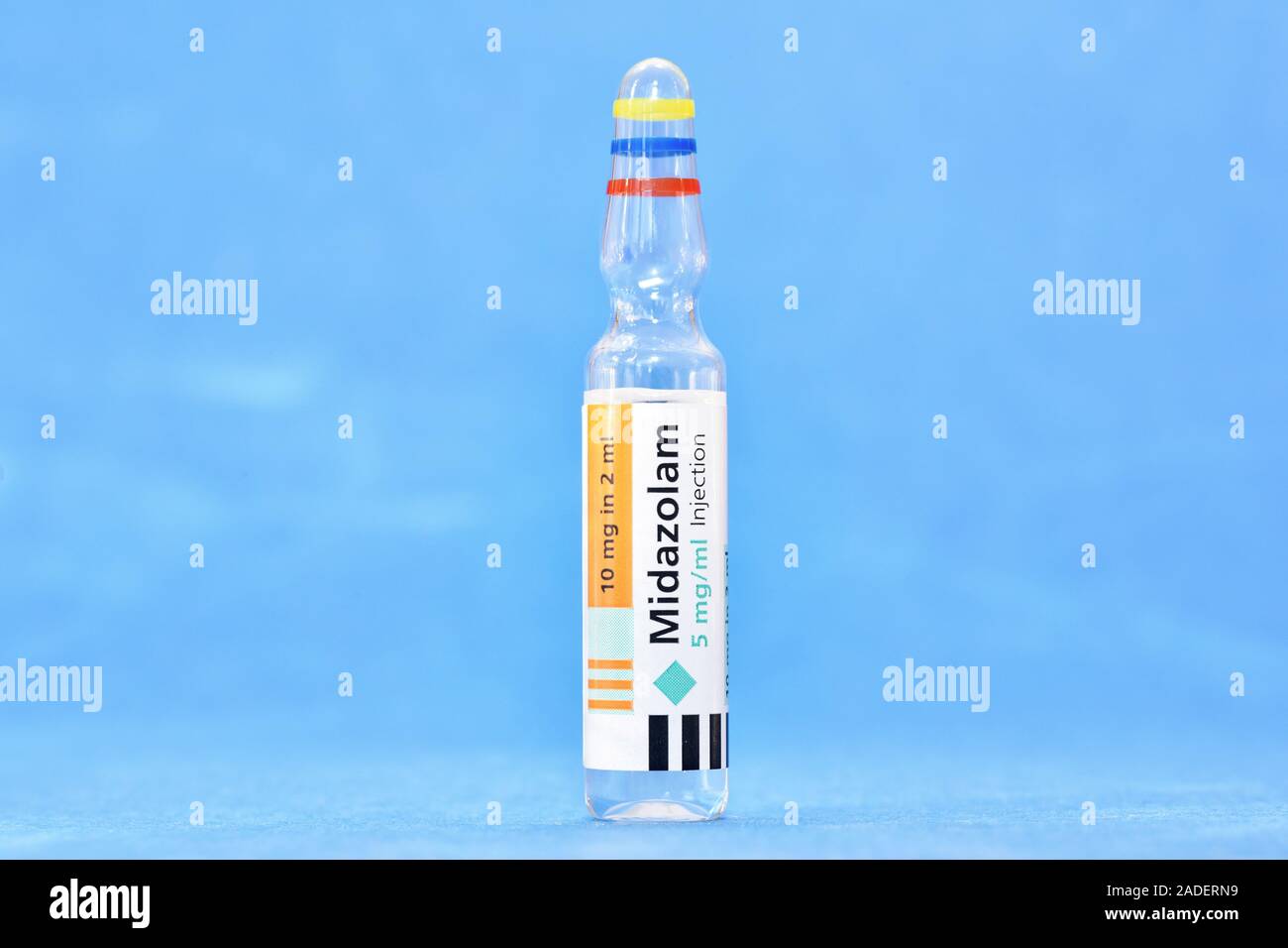Midazolam benzodiazepine drug, in an ampoule for injection. This drug ...