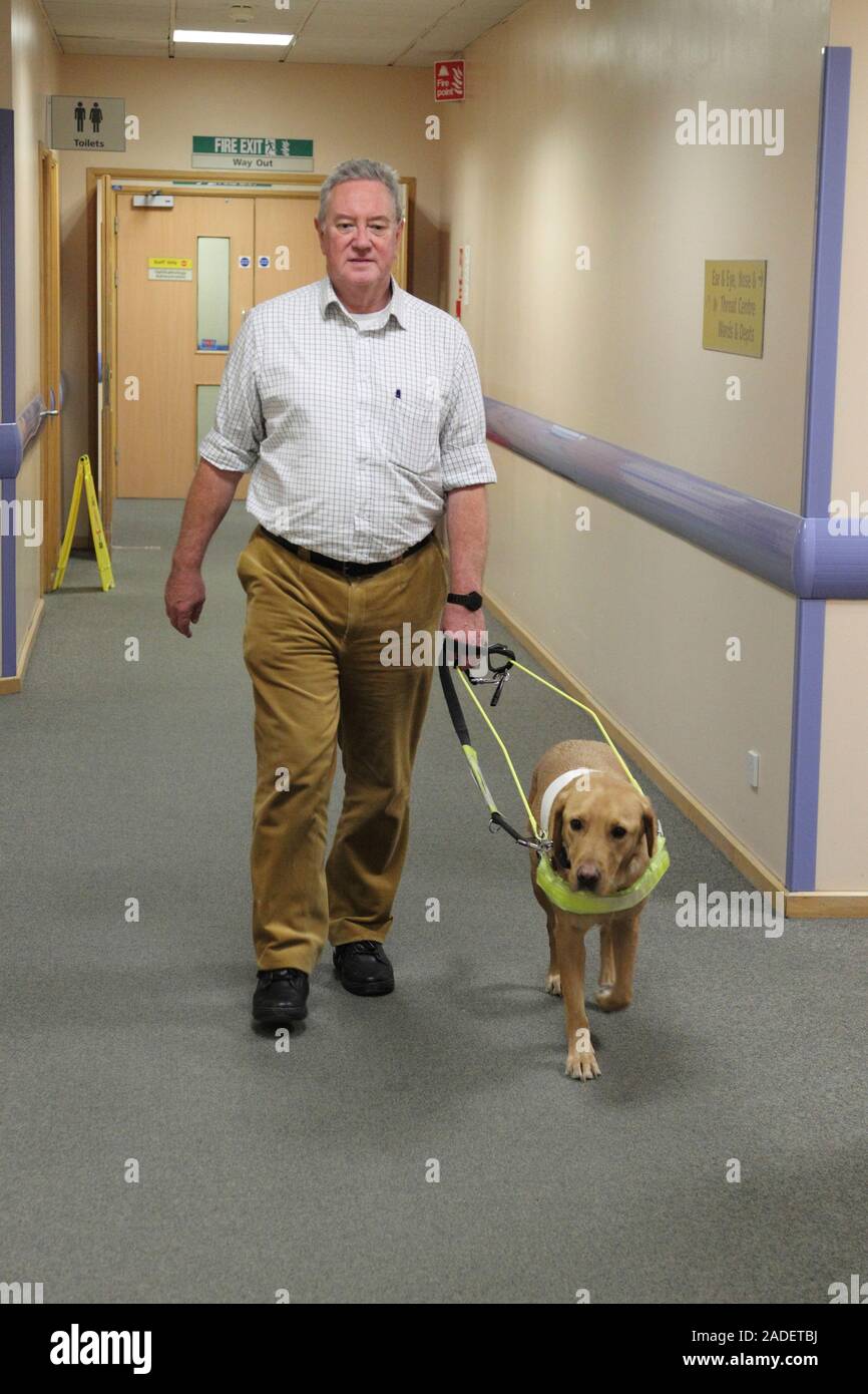 Patient with guide dog in corridor of eye clinic at QMC hospital ...