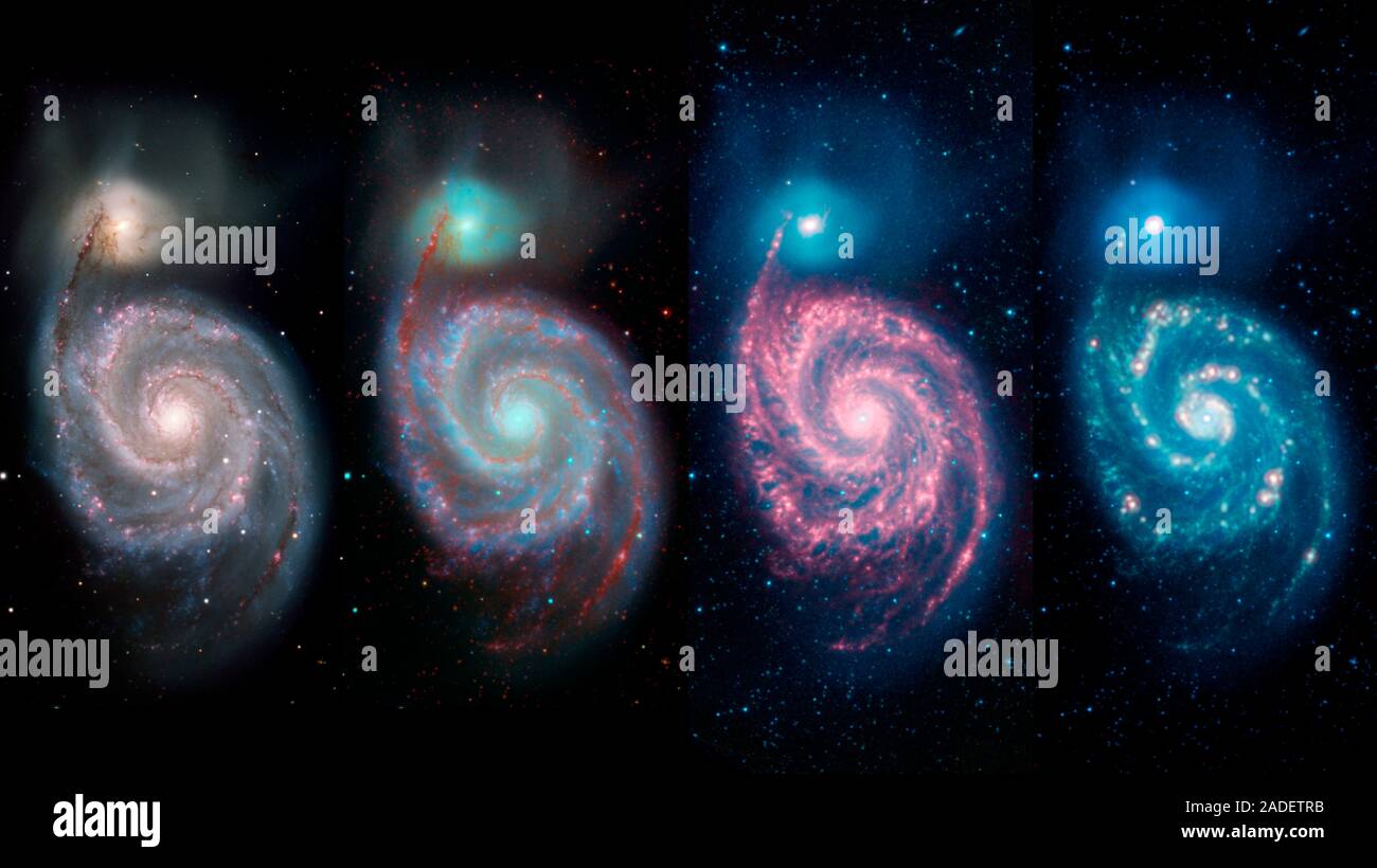 Four images of the Whirlpool galaxy (Messier 51, NGC 5194/5195). This ...