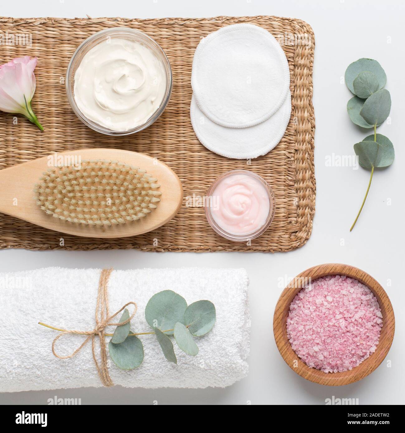 Spa set of natural materials and organic sea salt on white Stock Photo ...