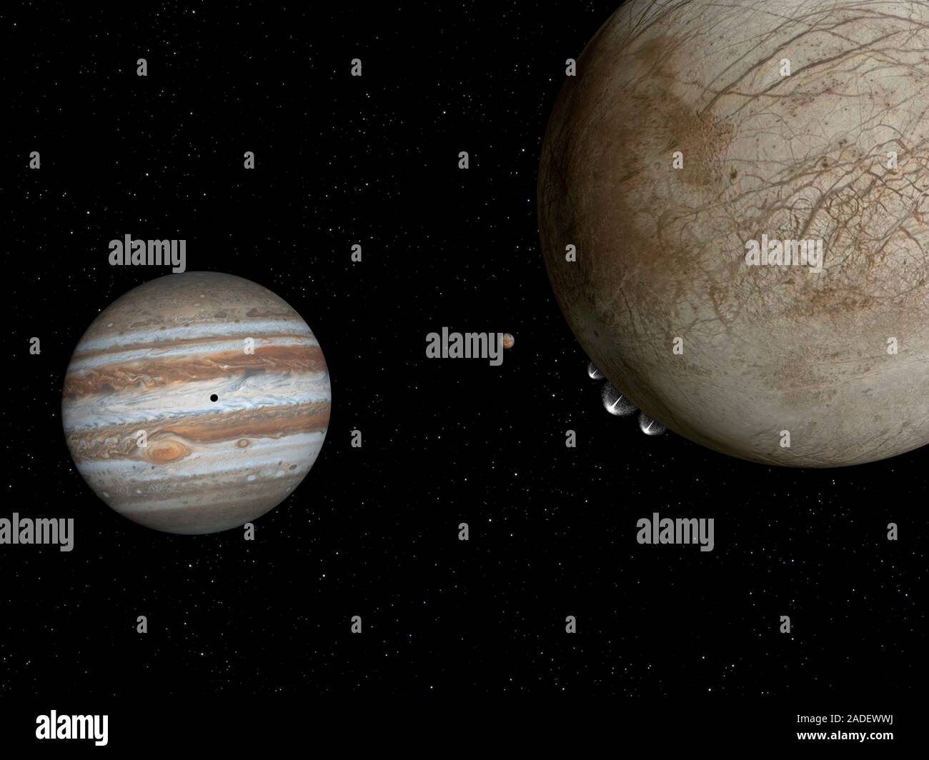 Jupiter and its moons Europa and Io, illustration. Europa (right) has ...