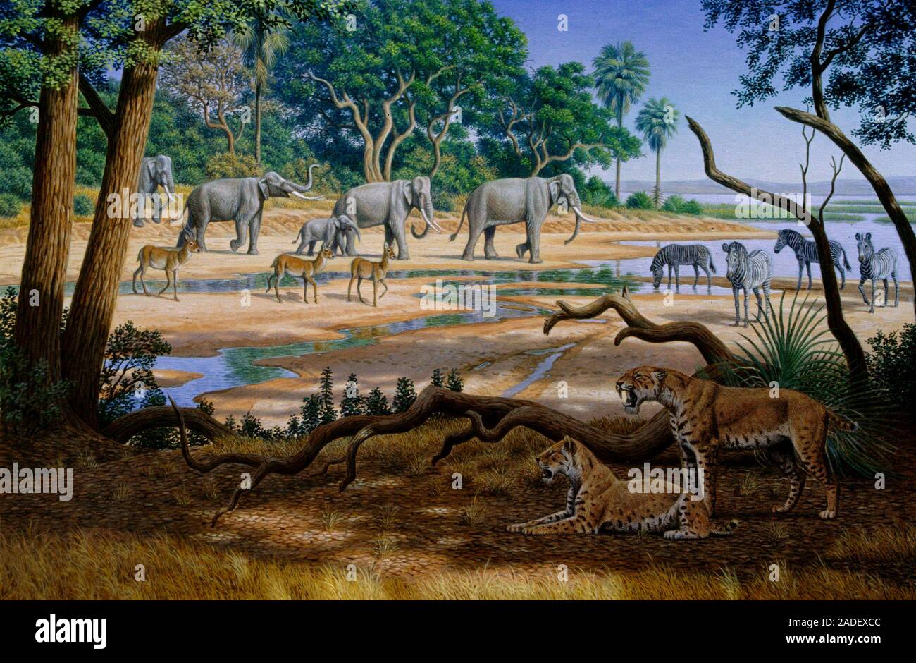 Ice Age animals. Computer illustration of animals in a scene set during ...
