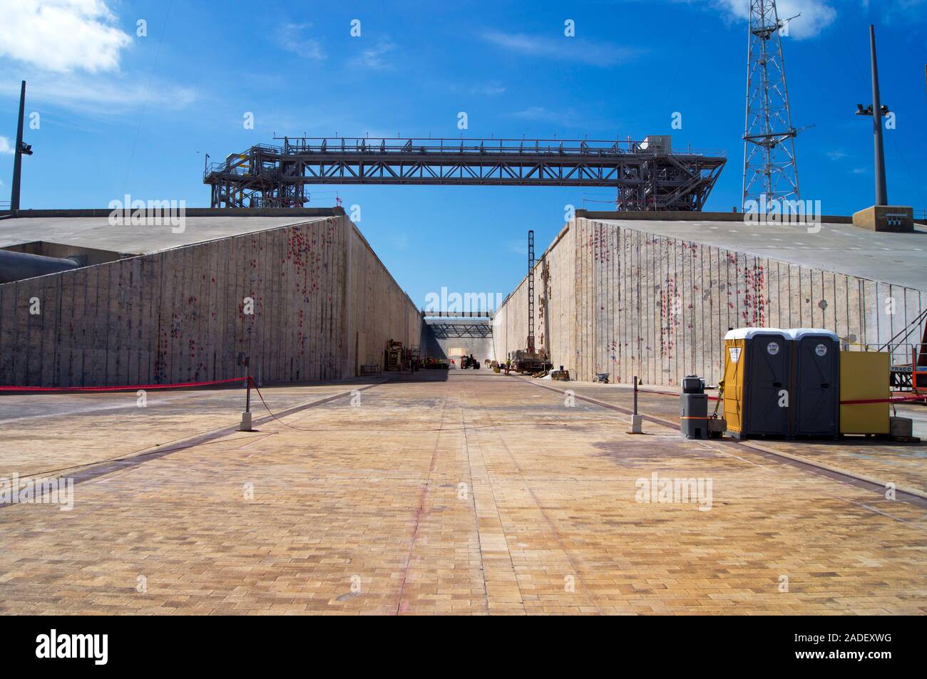 The flame trench beneath Launch Complex 39B at Kennedy Space Center, Florida, being prepared for ...