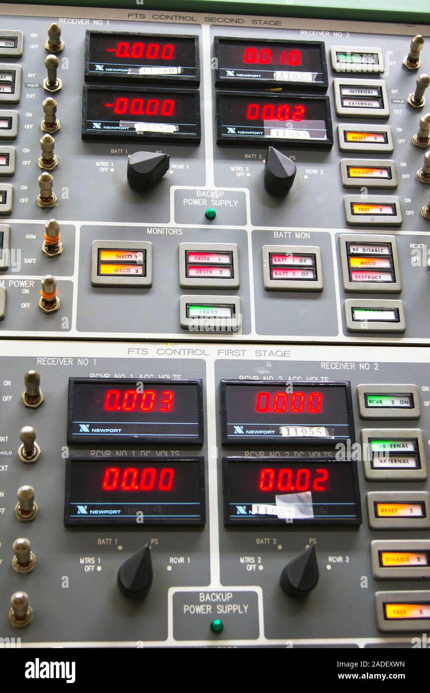 A detail of a historic control panel for the Atlas-Centaur rocket on ...