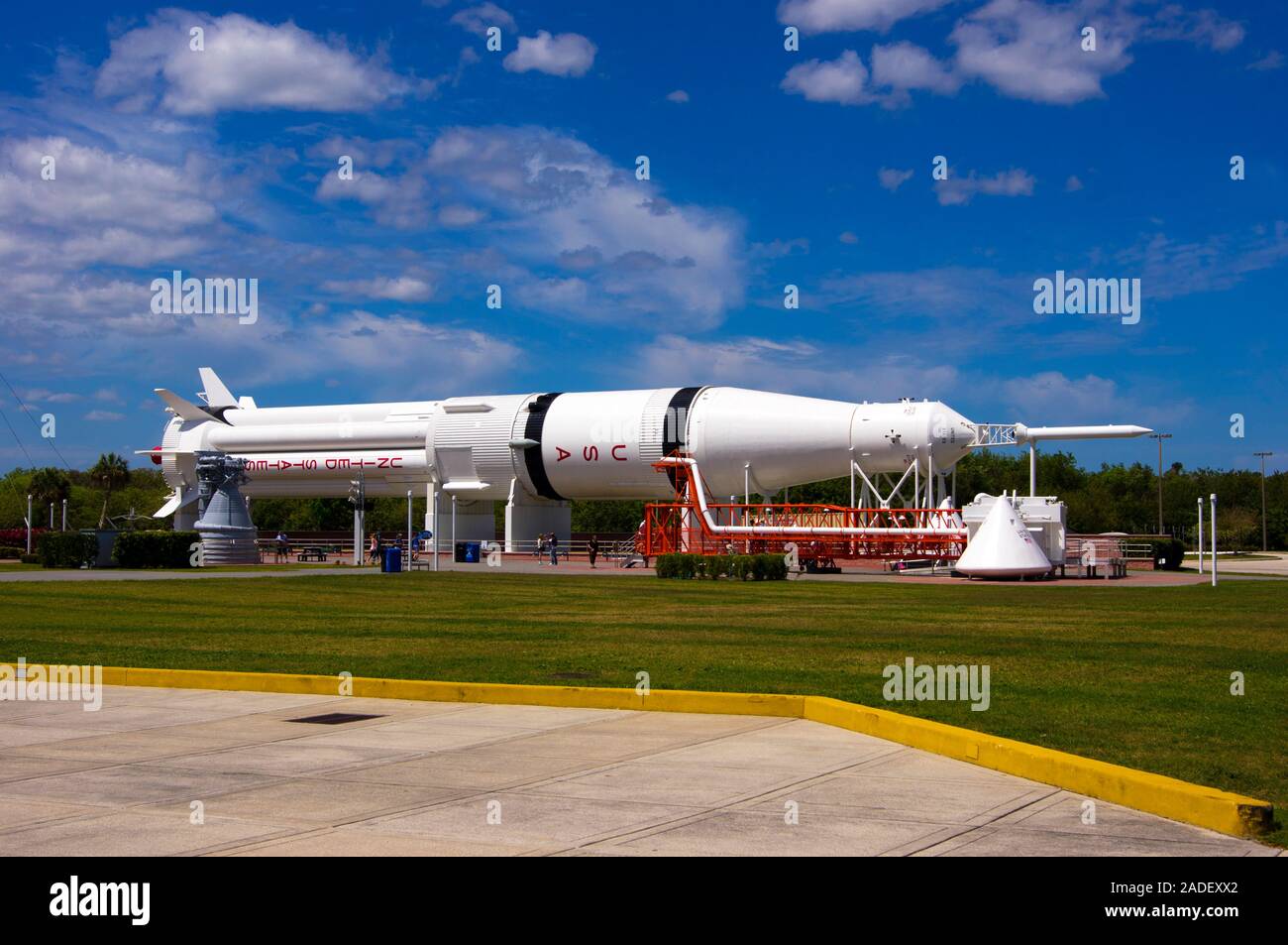 A flight model Saturn 1B rocket on display at the Kennedy Space Center ...