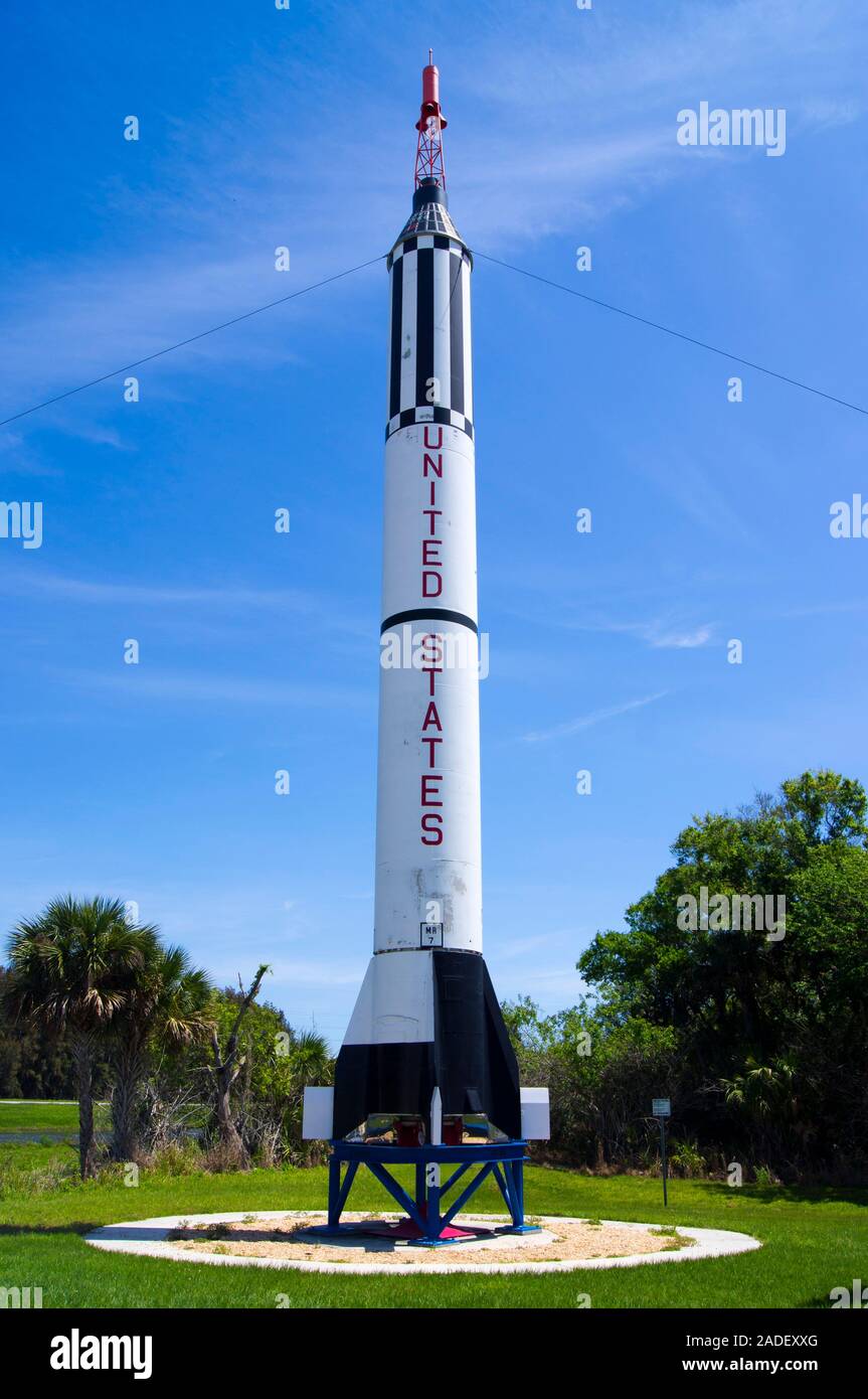 A Redstone rocket with a mock-up of a Mercury capsule on top displayed ...