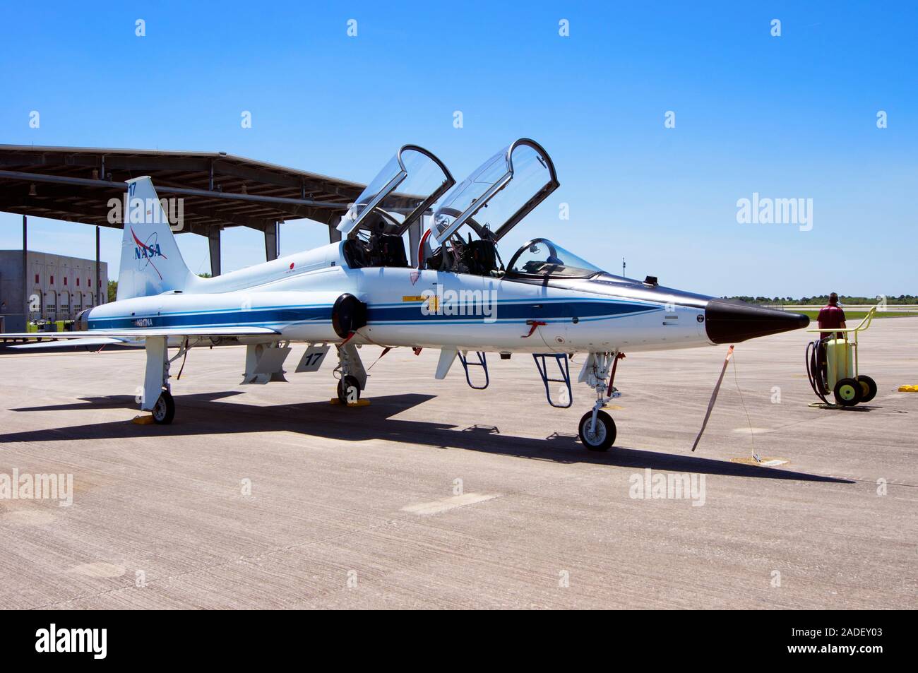 A NASA T-38 jet aircraft on the runway at Kennedy Space Center, Florida ...