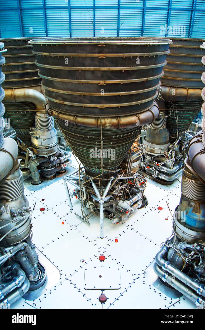 Five F-1 rocket engines at the base of the first stage of the flight ...