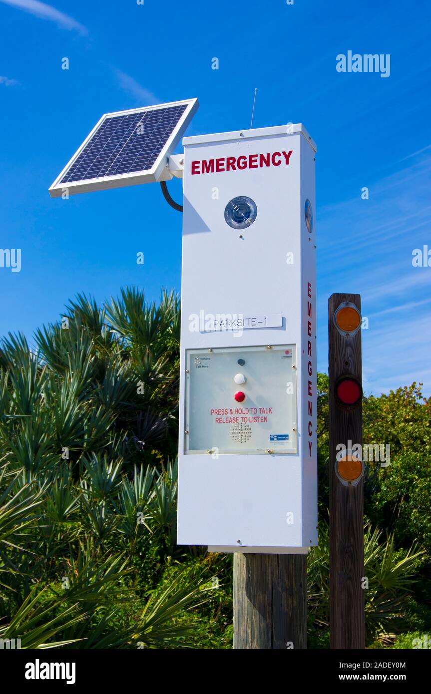 A solar-powered emergency call unit at a parking lot on Canaveral ...