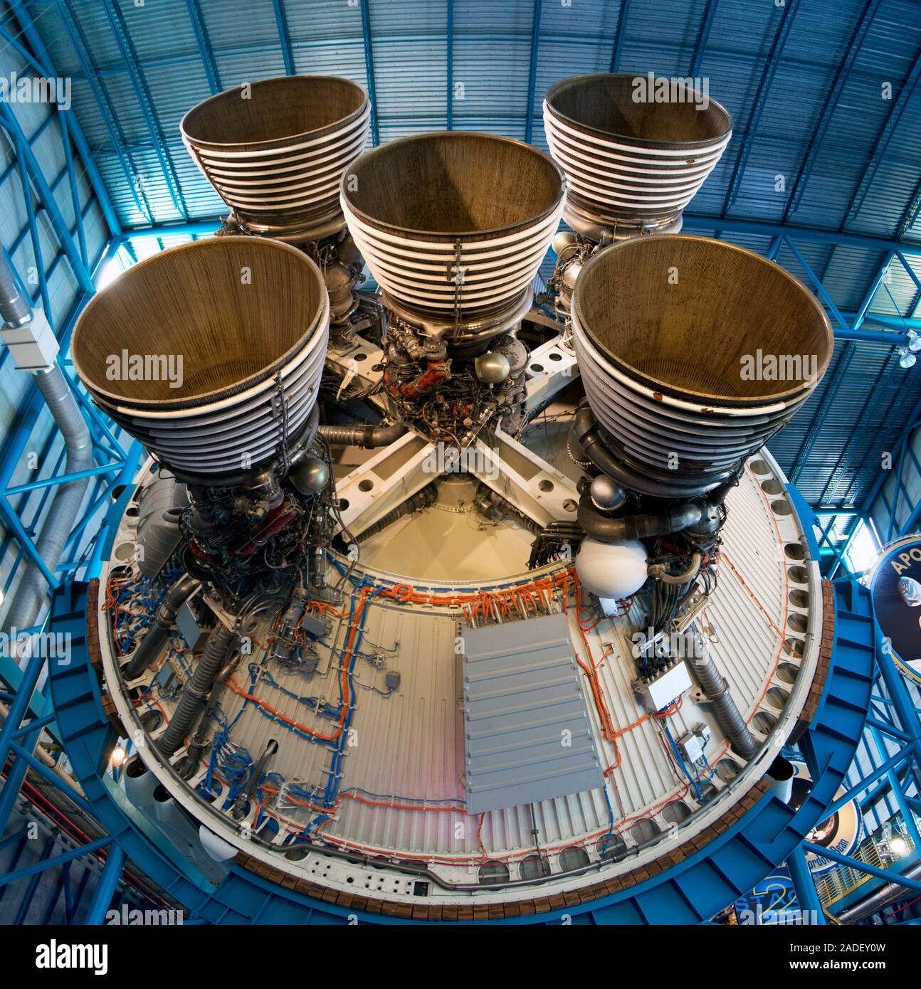 Five J-2 rocket engines at the base of the second stage of the flight ...