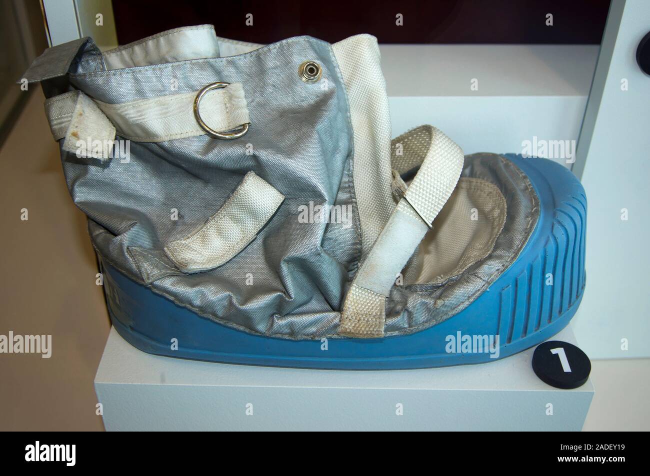 An overshoe boot from an Apollo lunar spacesuit on display at the ...
