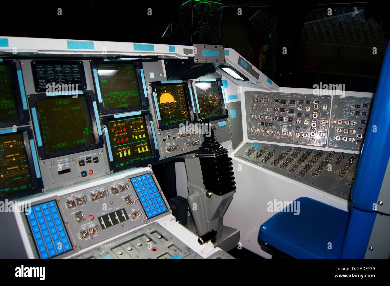 A high-fidelity mock-up of a Space Shuttle cockpit or flight deck on ...