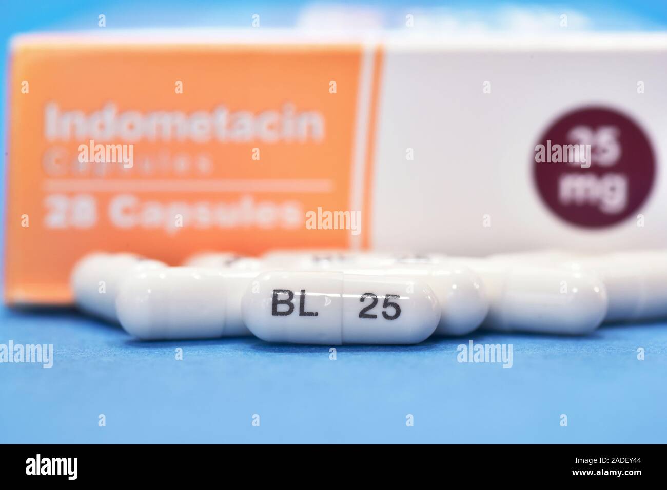 Indometacin anti-inflammatory drug. Box and capsules containing the ...