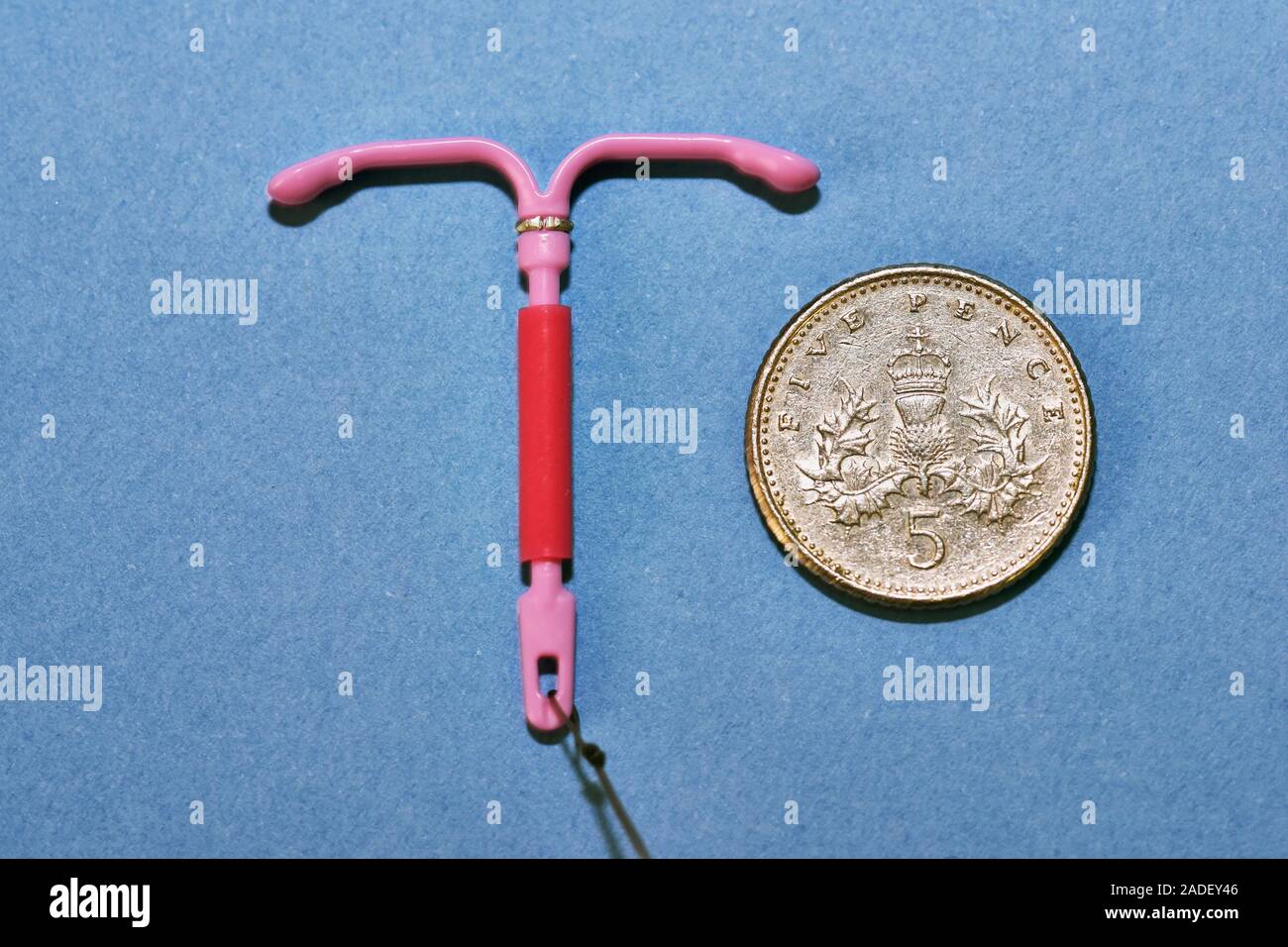 Contraceptive coil. 5 pence piece next to a hormonal intrauterine ...