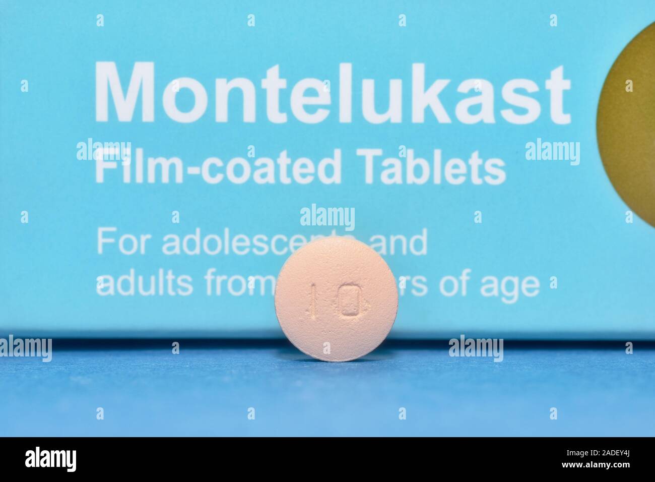 Montelukast asthma drug. Box and tablet of the leukotriene receptor ...