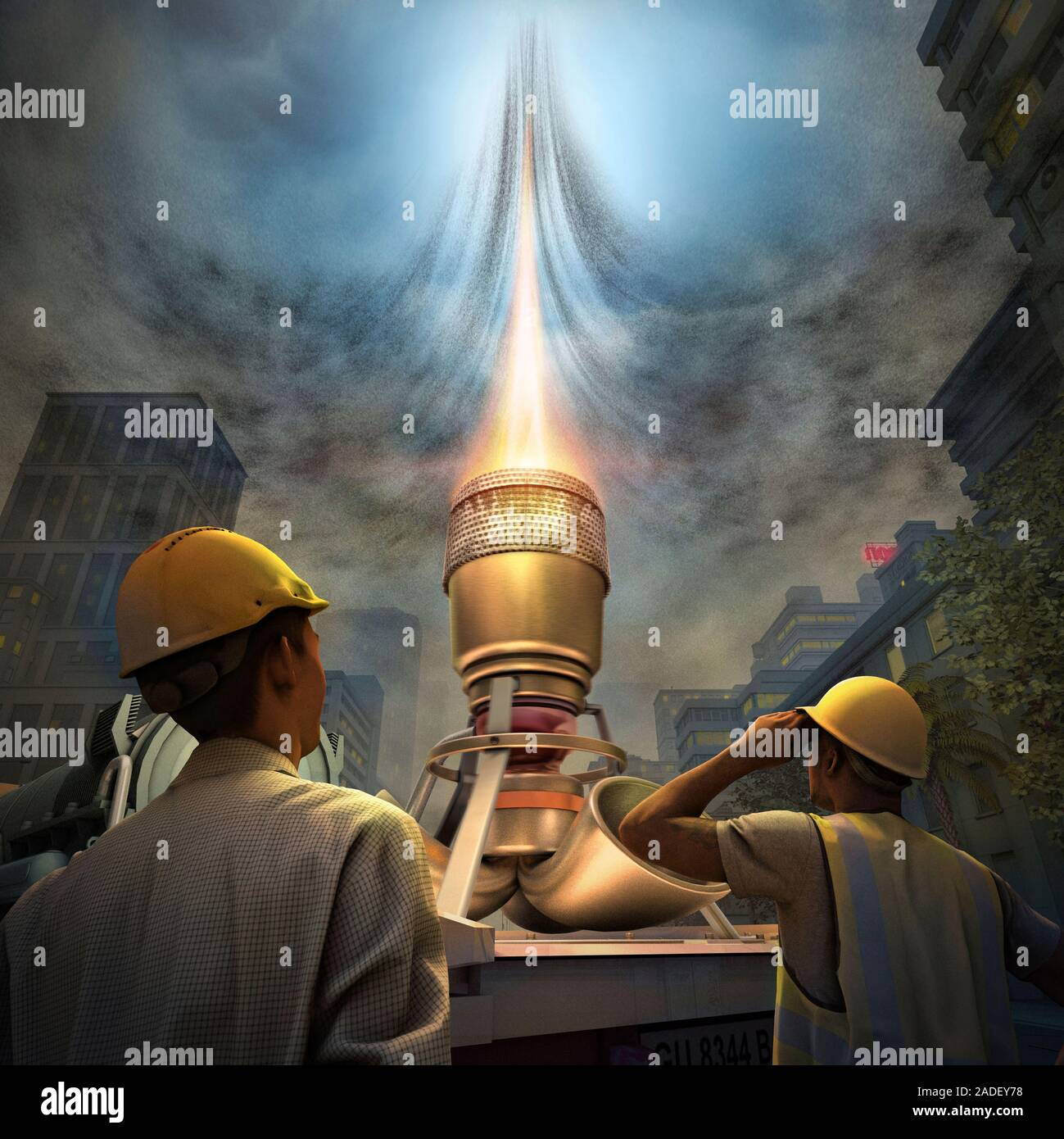 Jet engine 'chimney' to reduce smog, illustration. Researchers from the ...