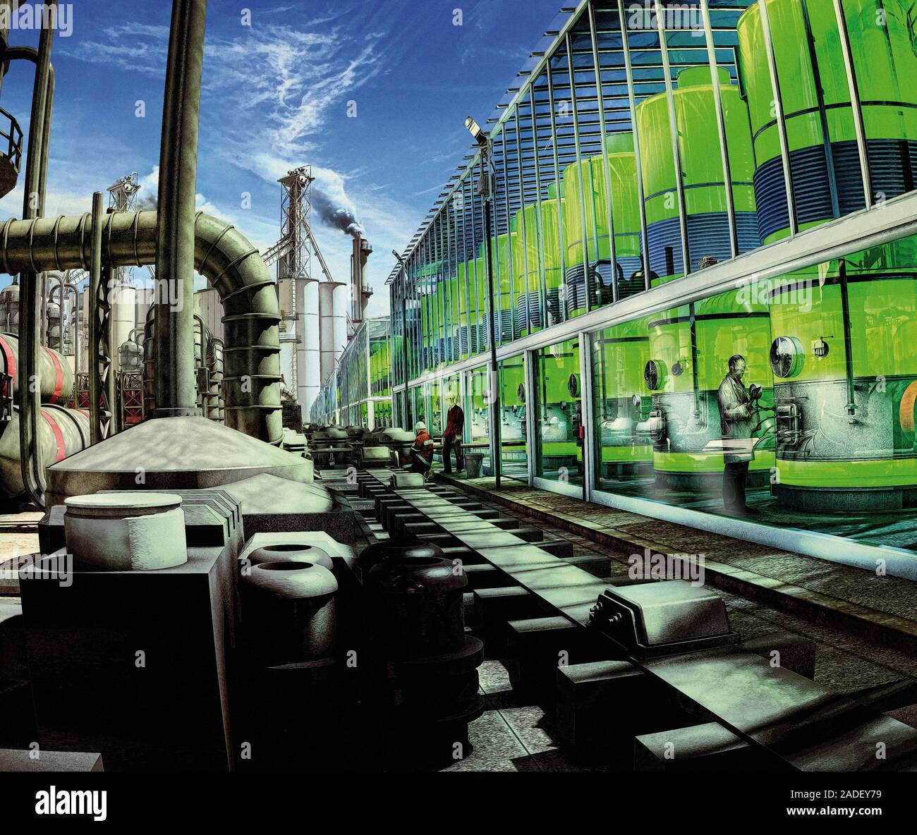 Bioplastics factory, illustration. Plastics are polymers, which are ...