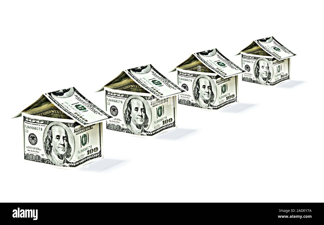 Four money houses isolated on white background Stock Photo - Alamy